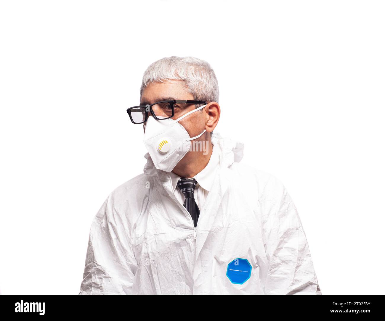 Doctor scientist in white coverall suit, mask and glasses. Dispersal ...