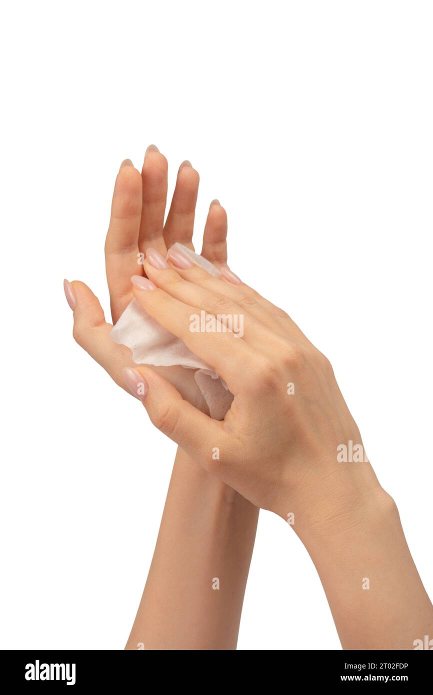 Wet wipe in a woman hand isolated on a white background. Washing hands ...