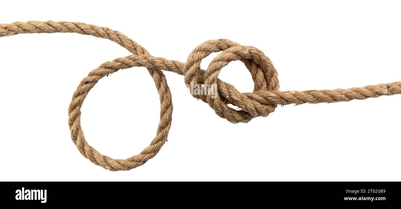 Rope made of jute in loops and knots on a white background. Linen ...