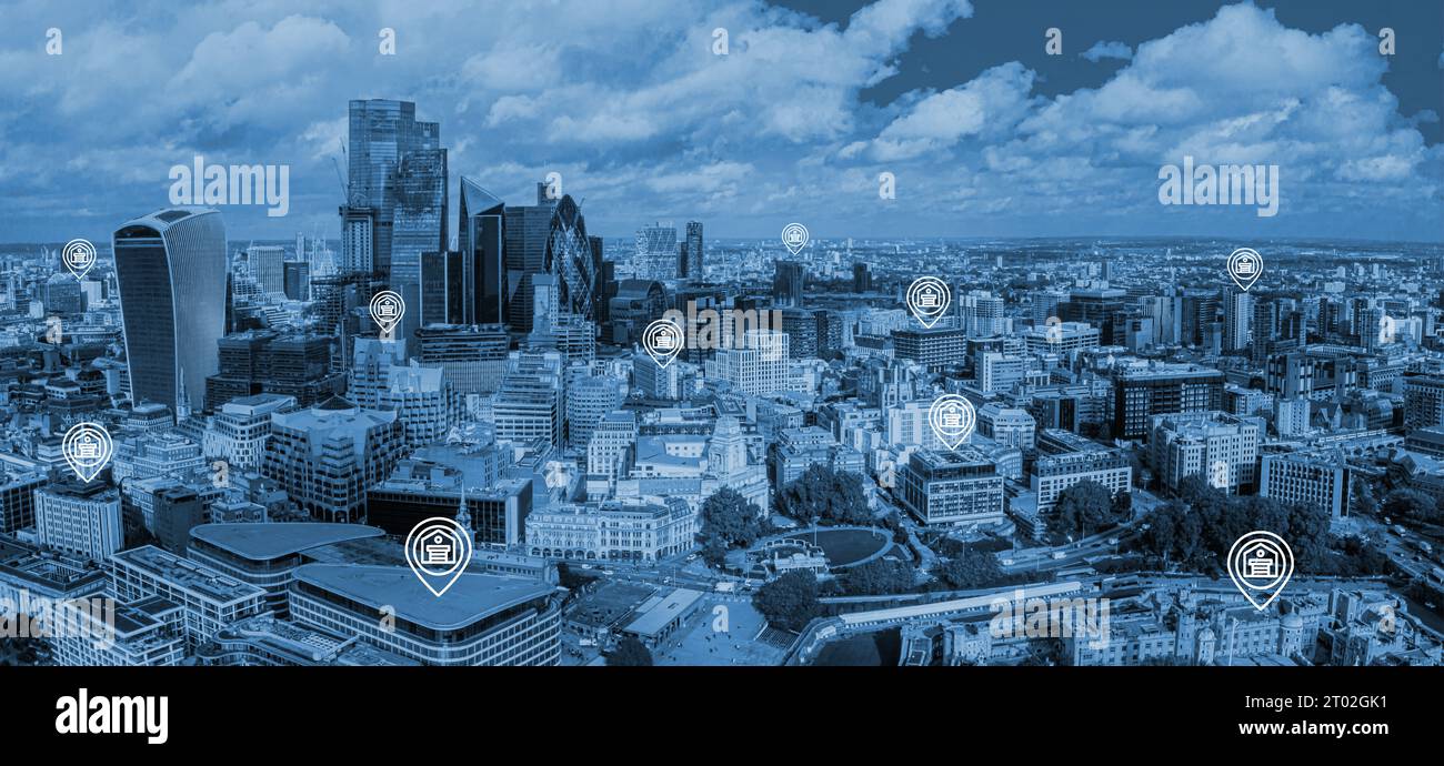 Modern cityscape and location information concept. GPS. Global ...