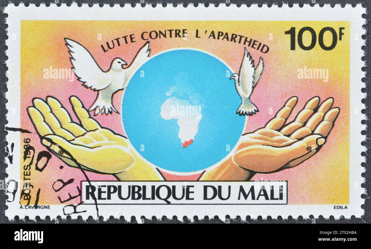 Cancelled postage stamp printed by Mali, that shows Peace Doves, Hands ...
