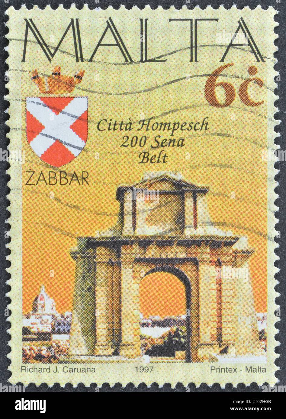Cancelled postage stamp printed by Malta, that shows Hompesch Gate and ...
