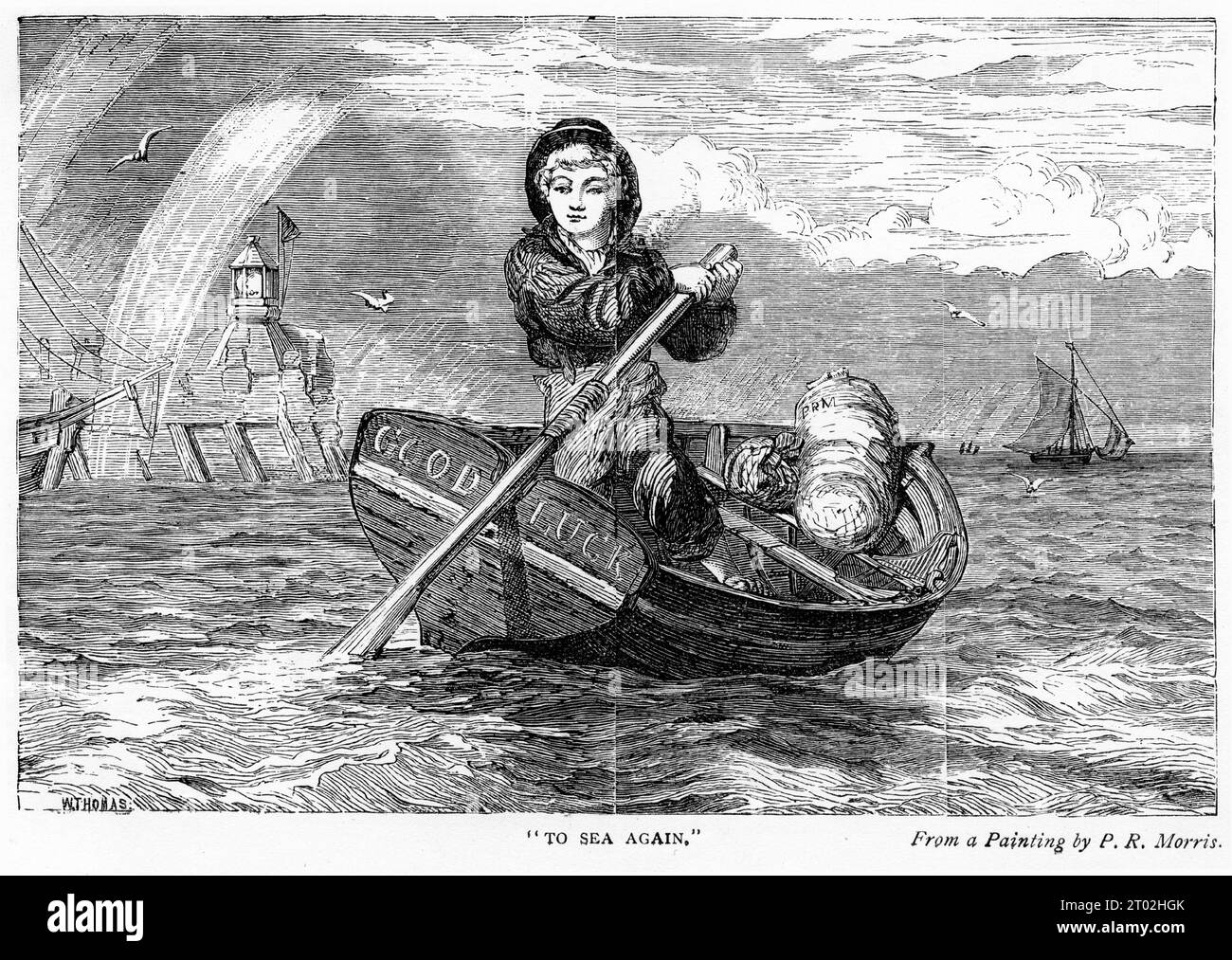 Engraving of a young sailor heading out to his ship in a rowboat names ...