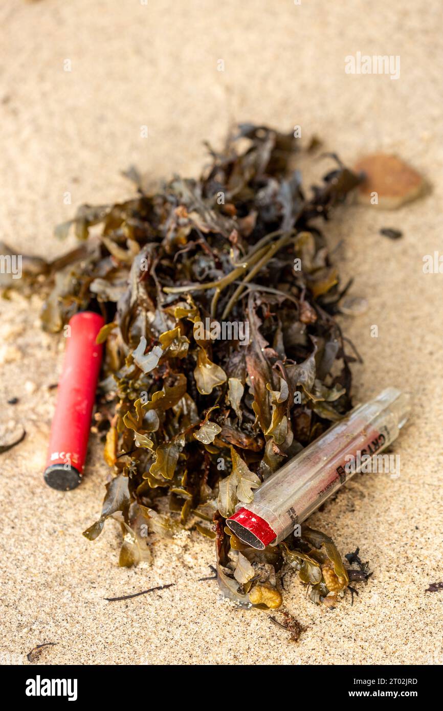 Single use disposable vapes lying discarded on a beach Stock Photo - Alamy