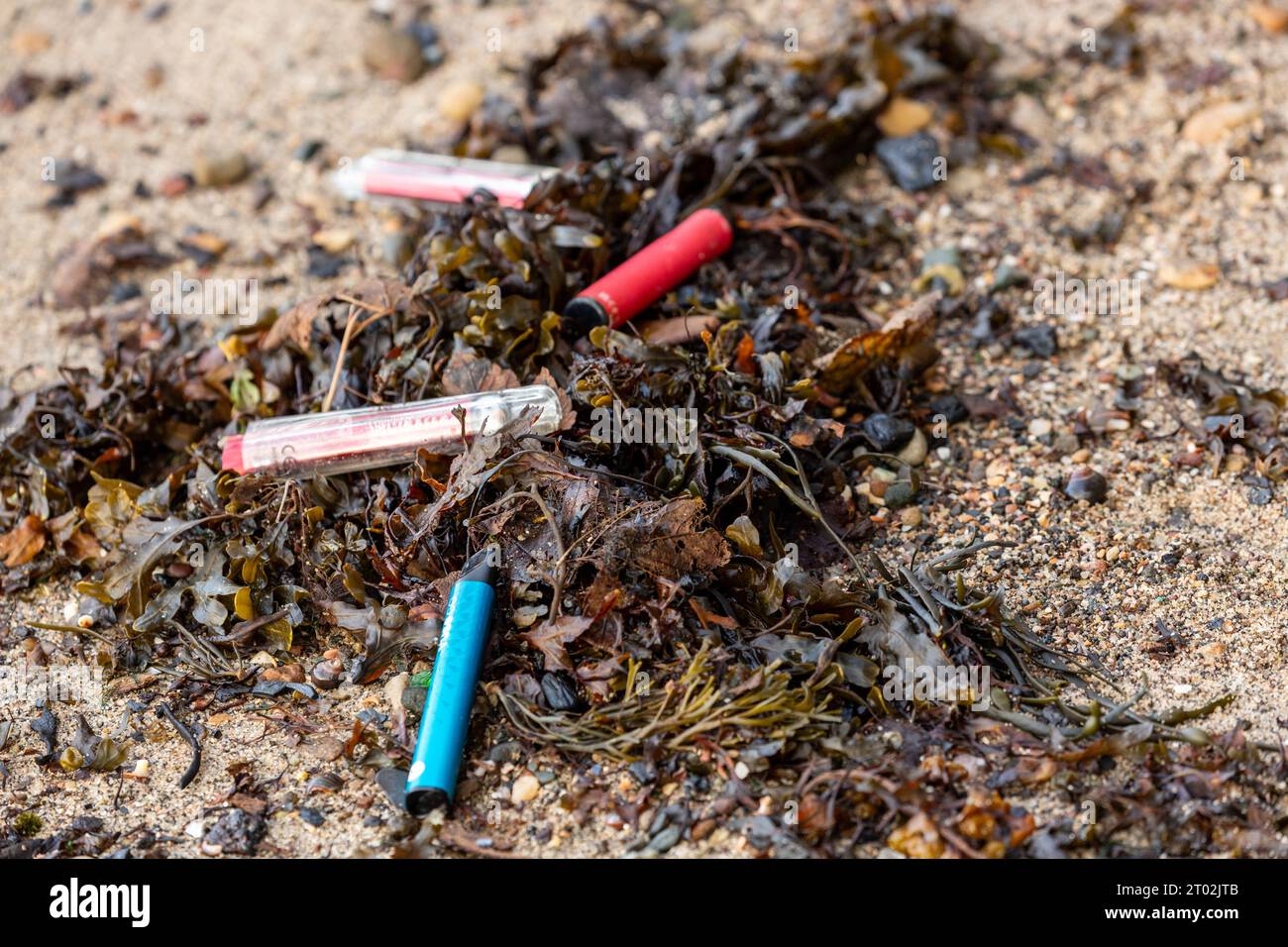 Single use disposable vapes lying discarded on a beach Stock Photo - Alamy