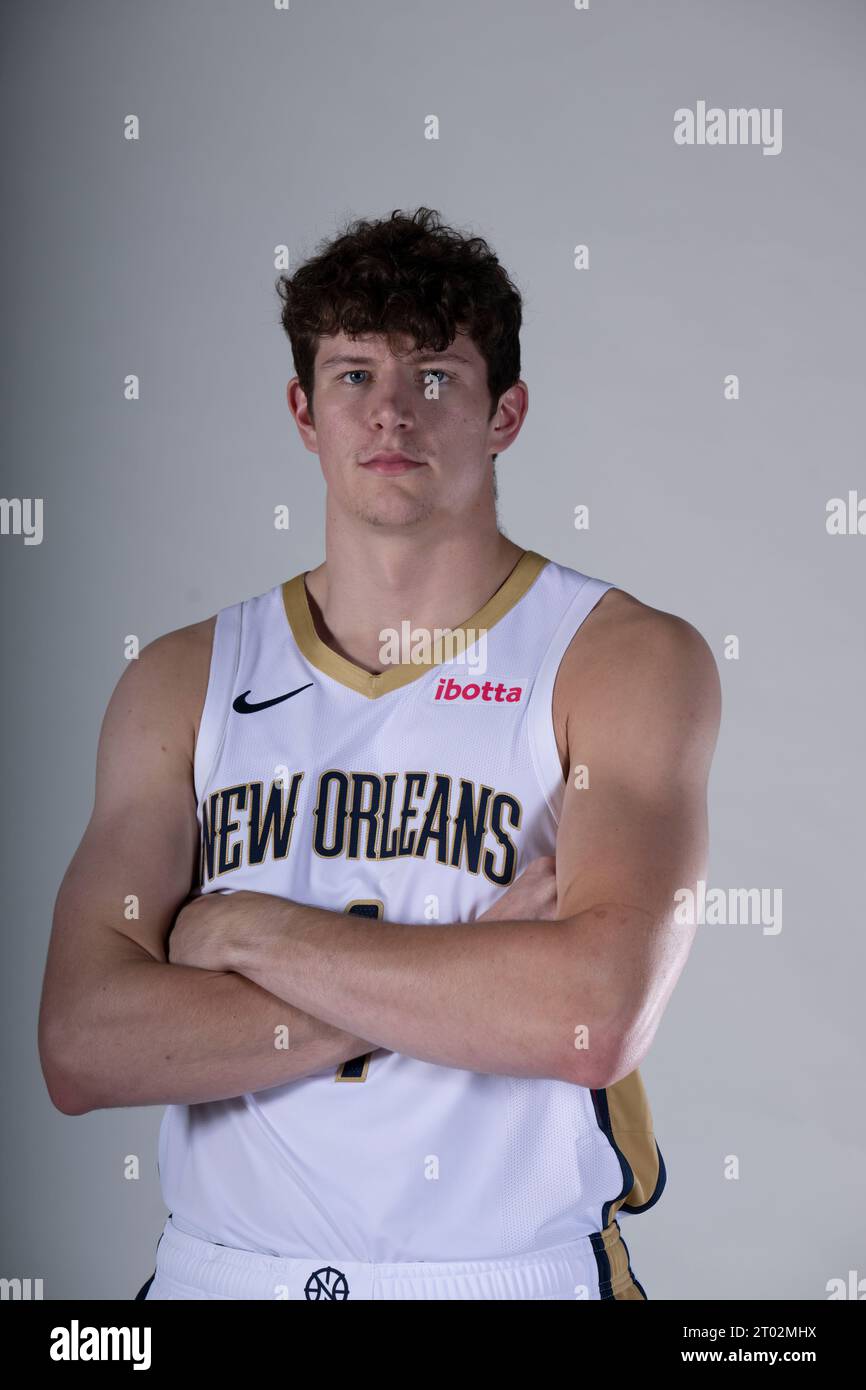 New Orleans Pelicans center Liam Robbins (4) poses for portraits during ...