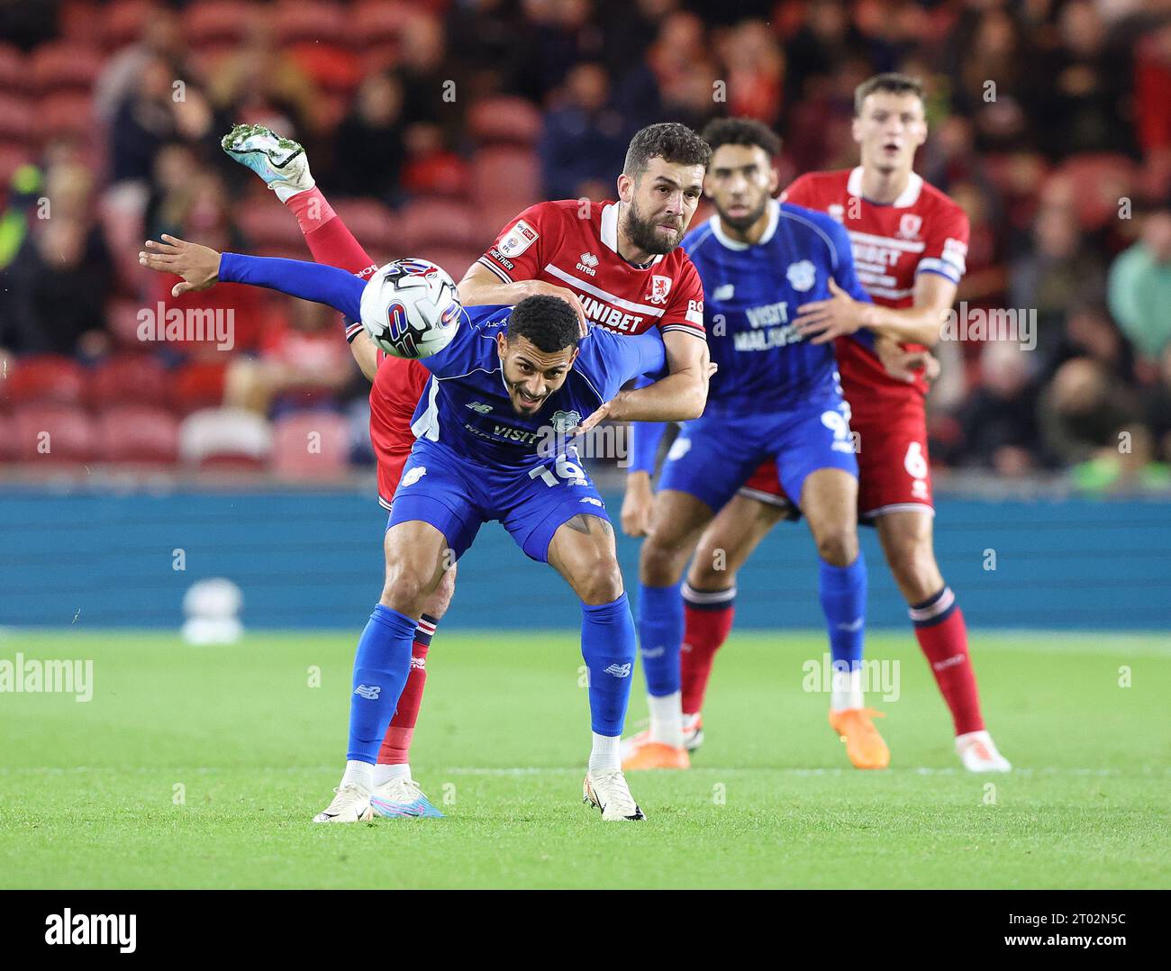 Tommy Smith of Middlesbrough in action with Karlan Grant of Cardiff ...