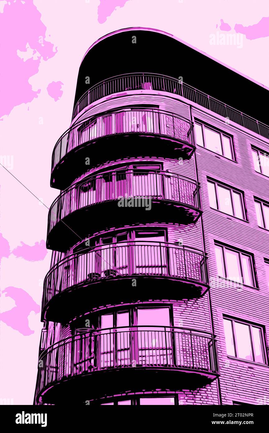 Brick apartment building with retro rounded corner windows and balconys ...