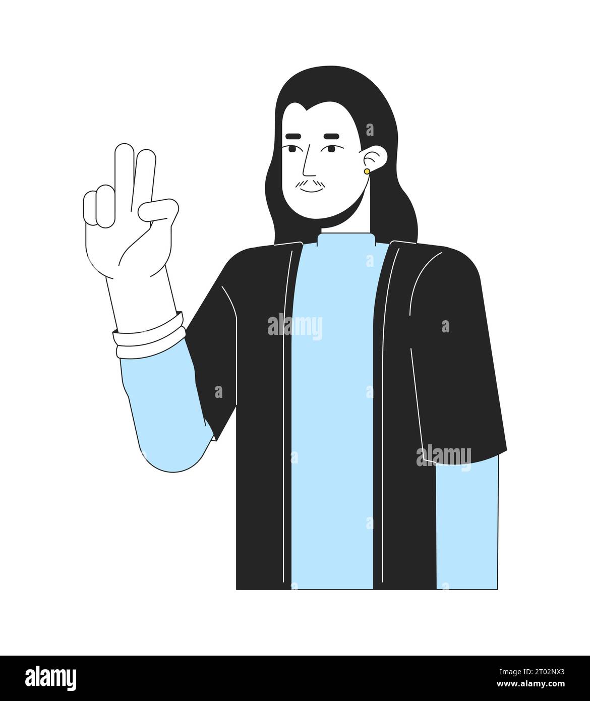 Long haired adult asian man victory sign 2D linear cartoon character ...