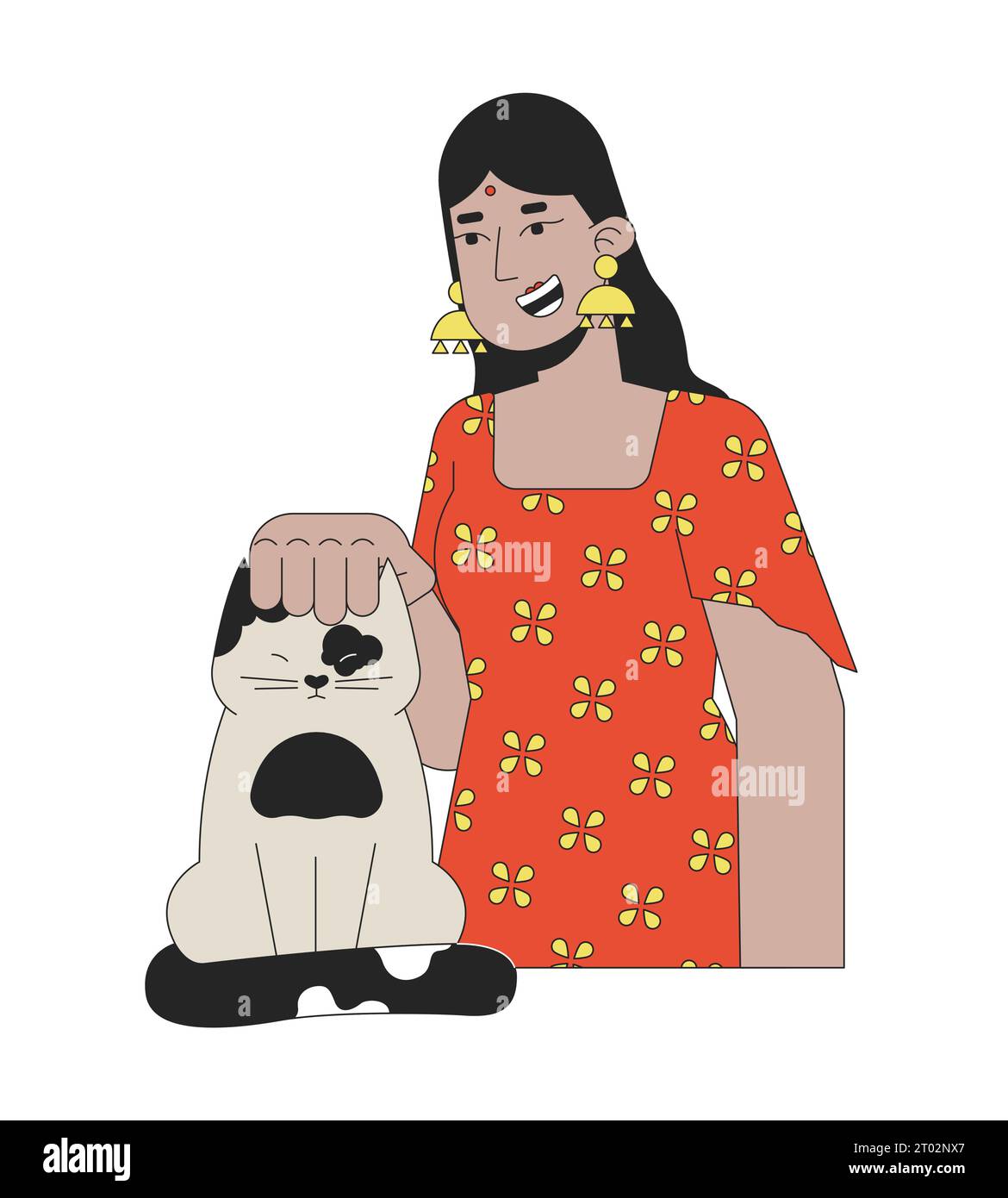 Smiling hindu woman stroking cat 2D linear cartoon character Stock ...
