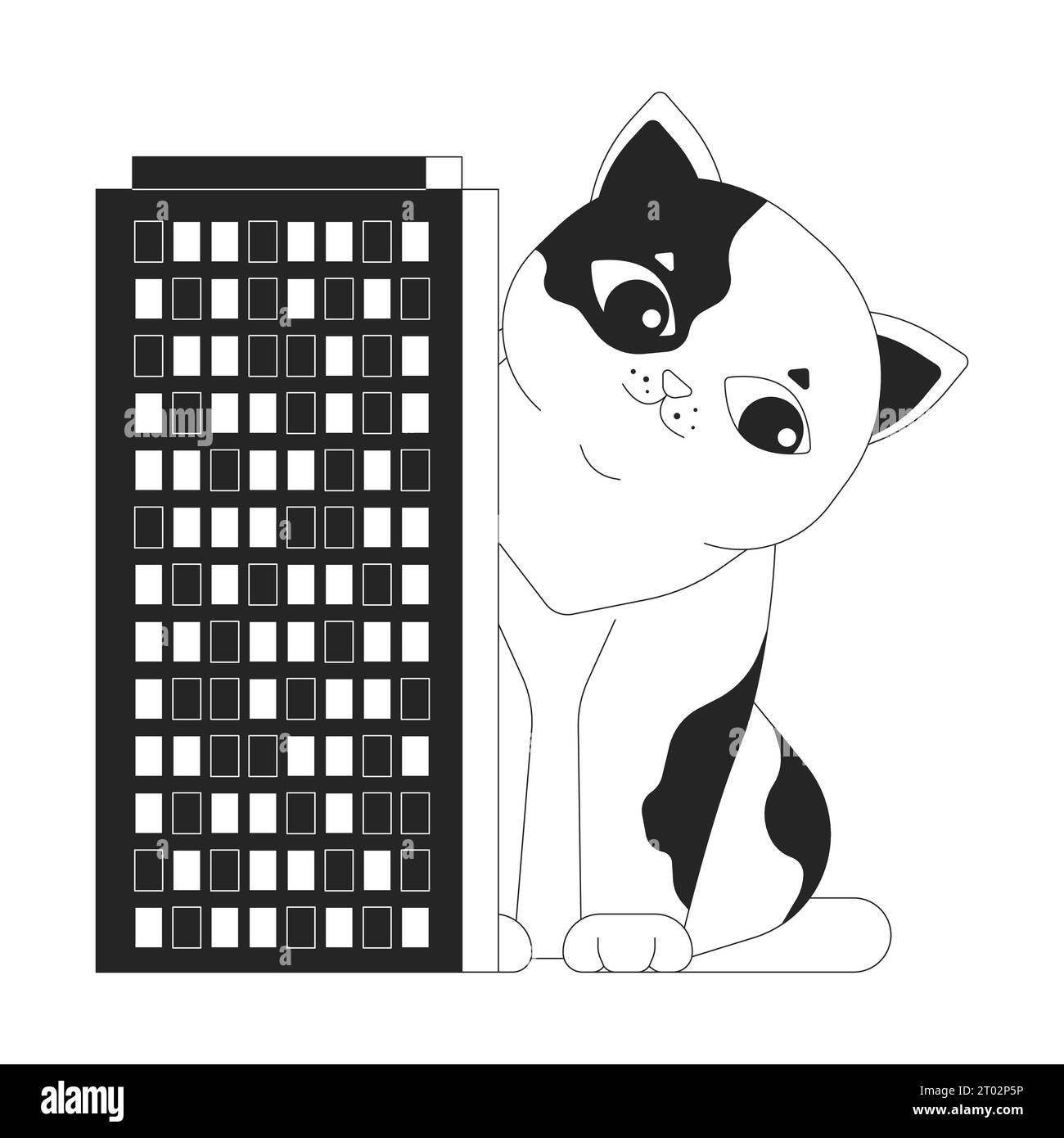 Cute gigantic cat peeking out from behind building black and white 2D ...