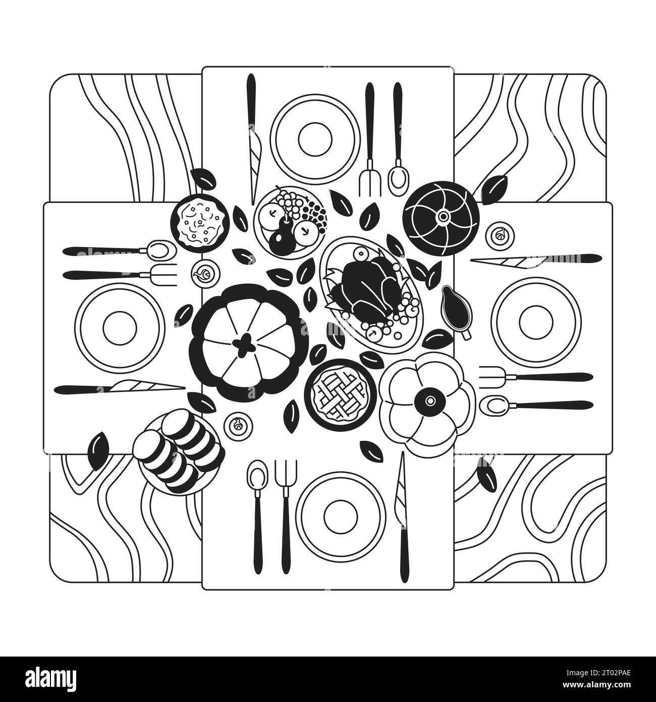 Thanksgiving dinner table overhead black and white 2D cartoon object ...