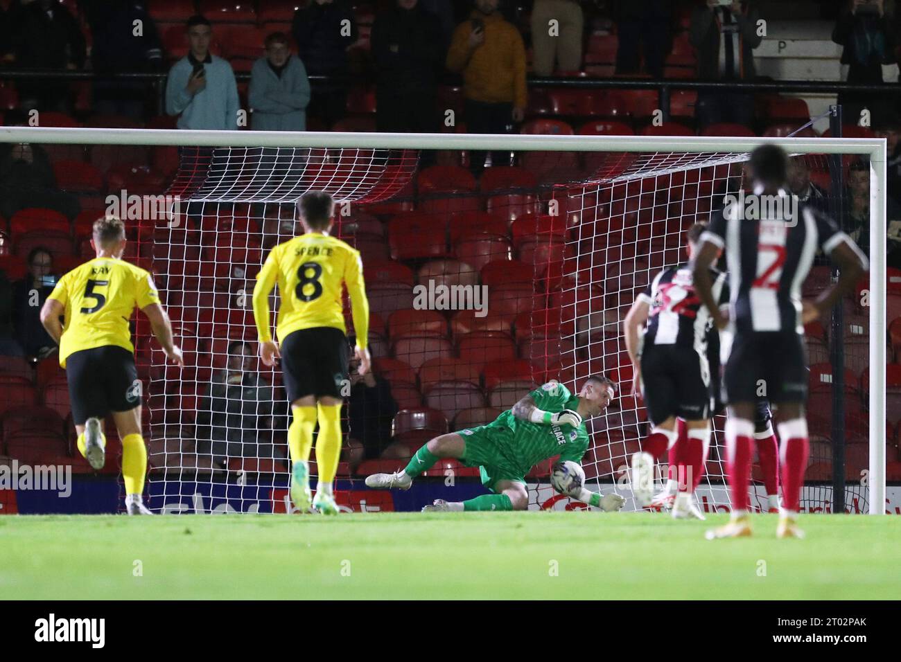 Cleethorpes, UK. 3rd October 2023.Barrow's Paul Farman saves a penalty ...