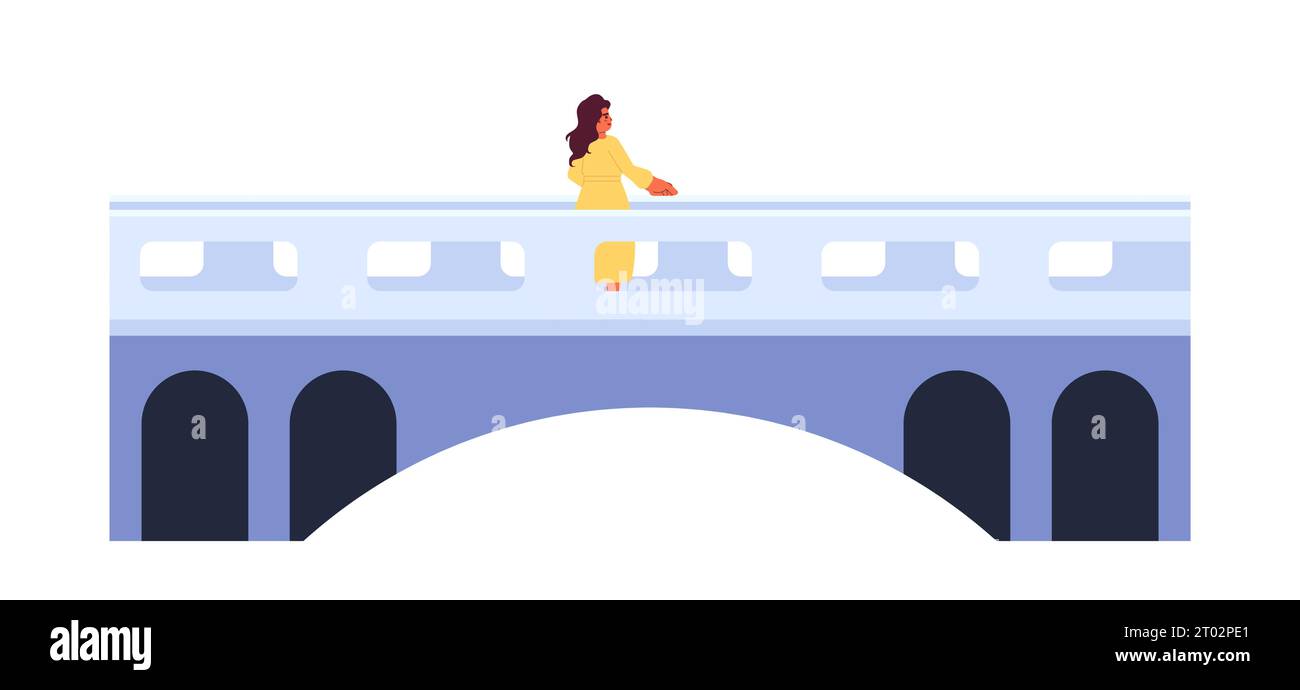 Daydreaming woman standing on bridge cartoon flat illustration Stock ...
