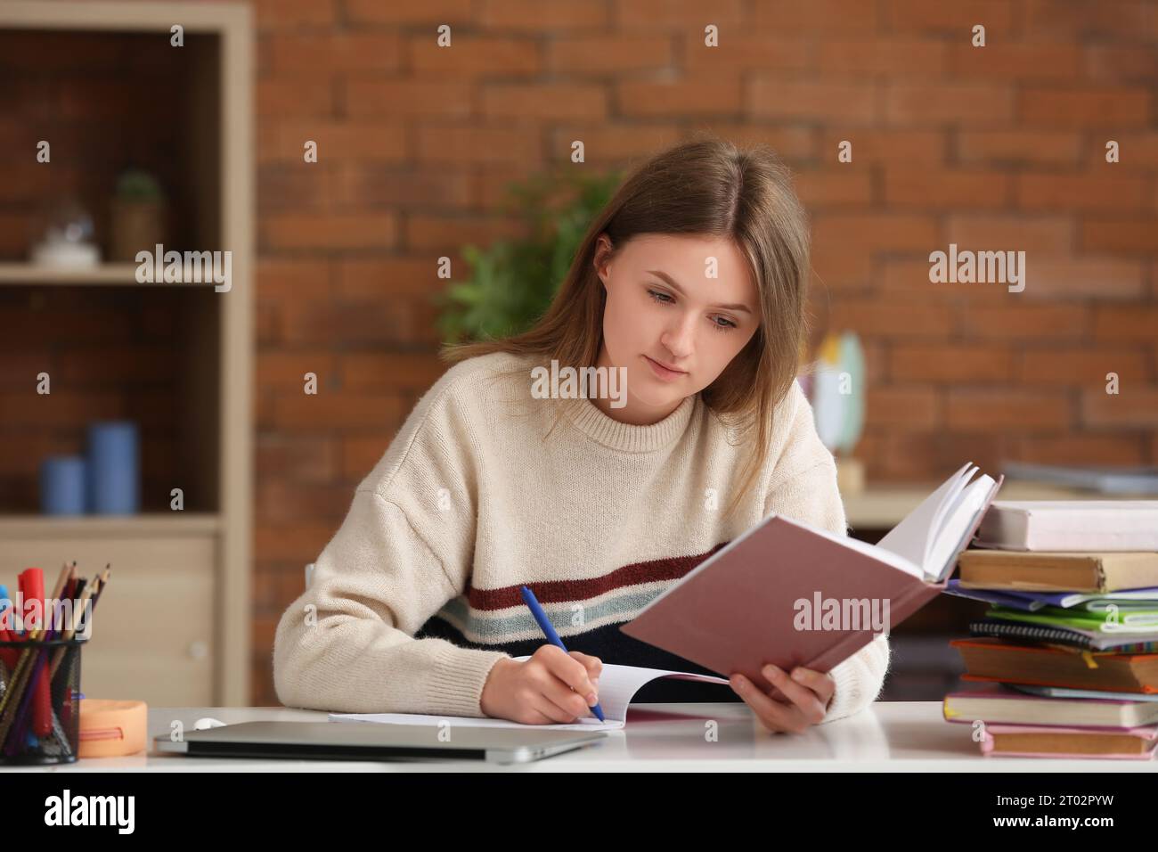 Teenage girl doing lessons at home Stock Photo - Alamy
