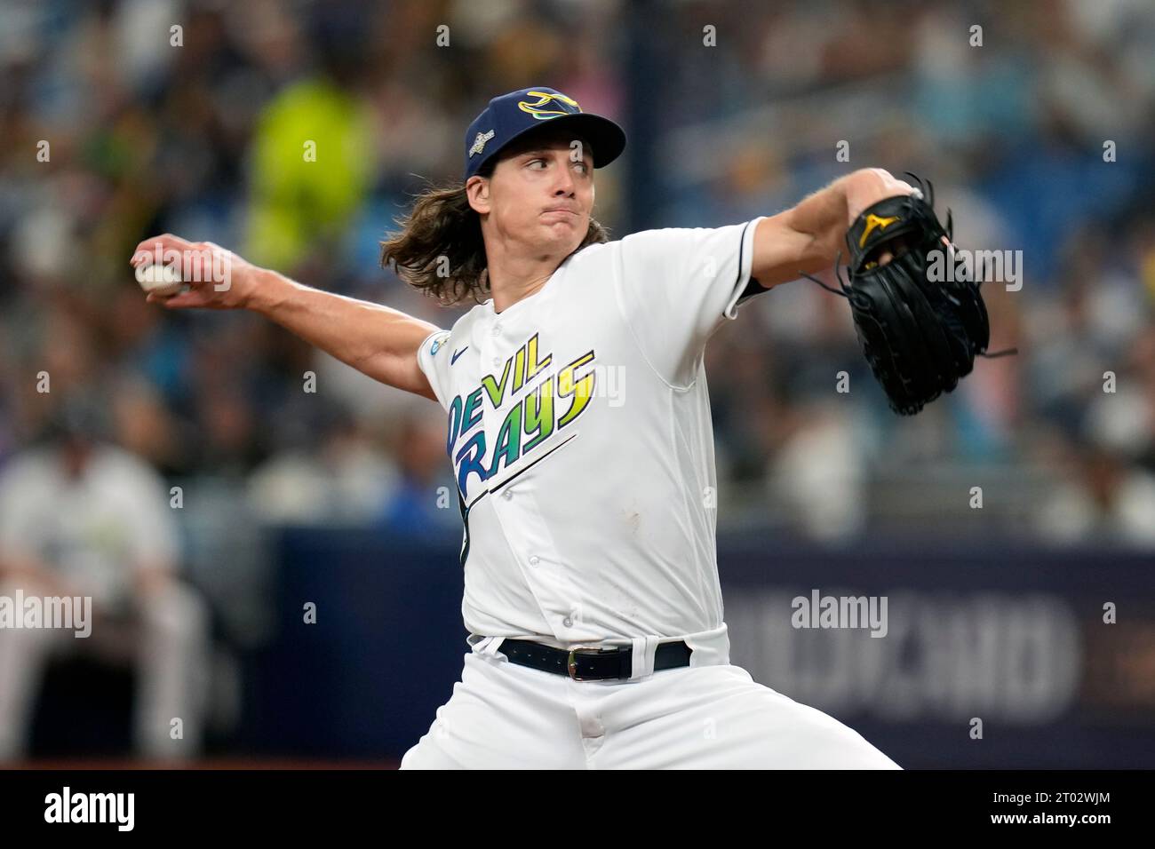 Tampa Bay Rays starting pitcher Tyler Glasnow throws against the Texas ...