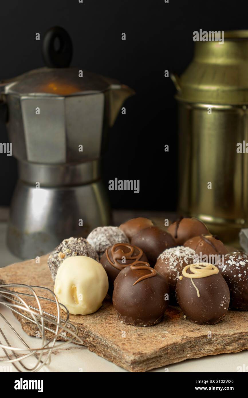 dark food chocolate truffles of assorted flavors Stock Photo - Alamy