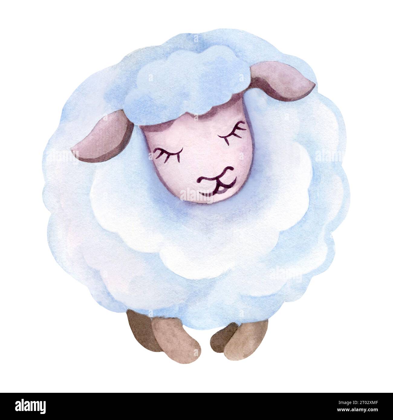 Set of watercolor illustrations of cartoon sheep. Fluffy animals on a ...