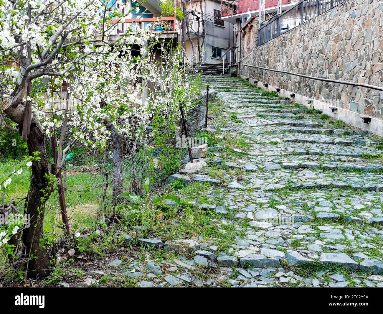 Stoned footpath crossing a traditional village in spring season ...
