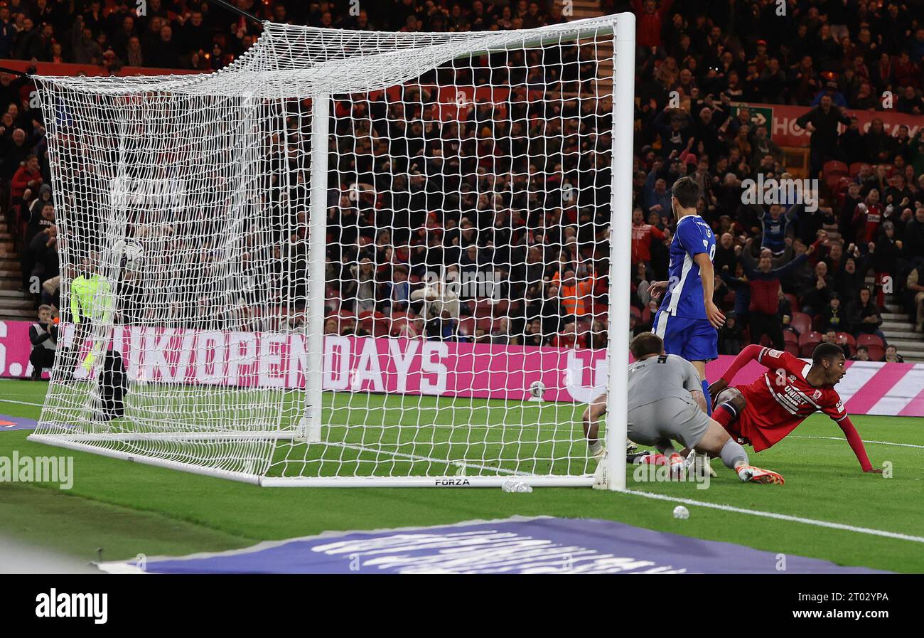 Isaiah Jones of Middlesbrough reacts after scoring during the Sky Bet ...