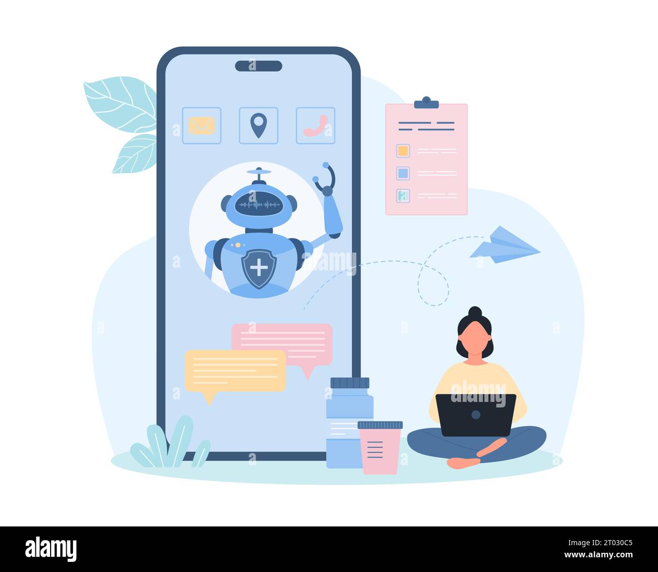 Healthcare chatbot technology vector illustration. Cartoon tiny woman with laptop and robot on ...