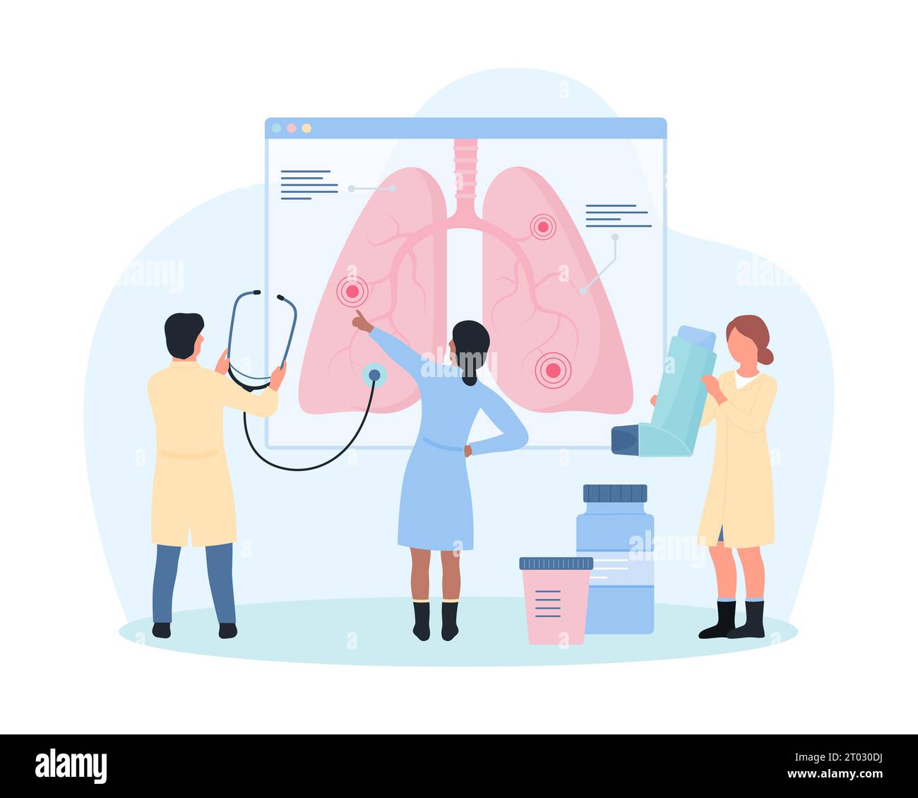 Study of lung diseases, pulmonology vector illustration. Cartoon tiny ...