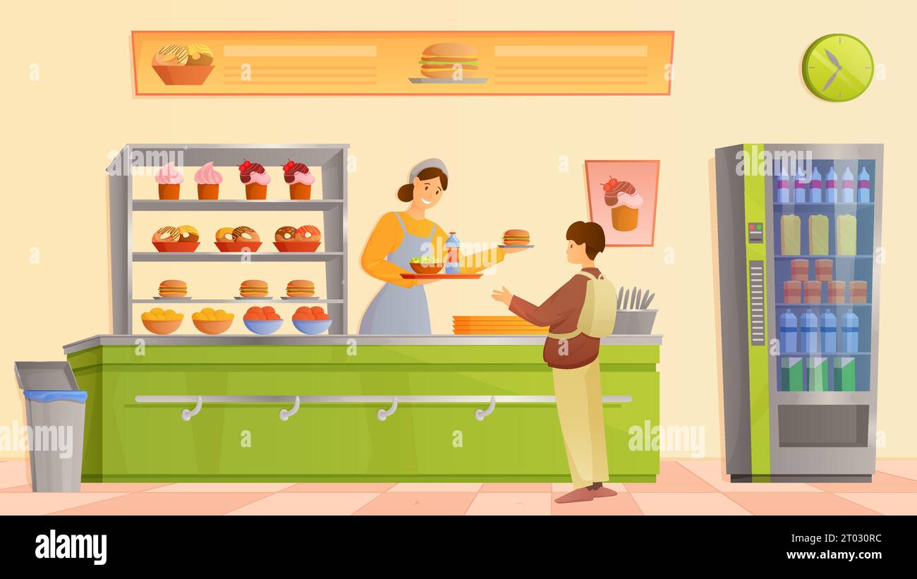 School canteen at lunch vector illustration. Cartoon woman behind ...