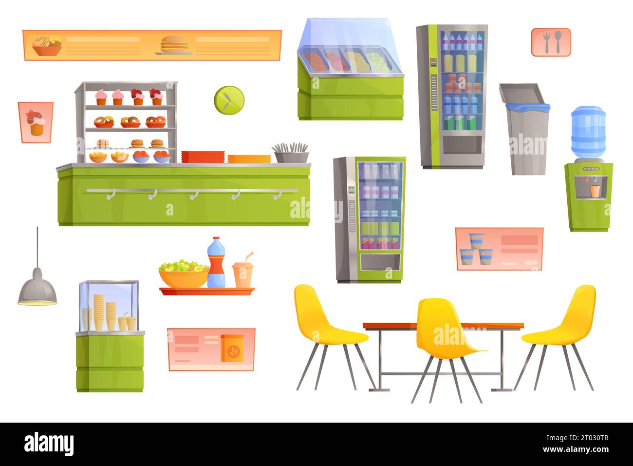 School canteen, cafeteria or cafe interior set vector illustration ...