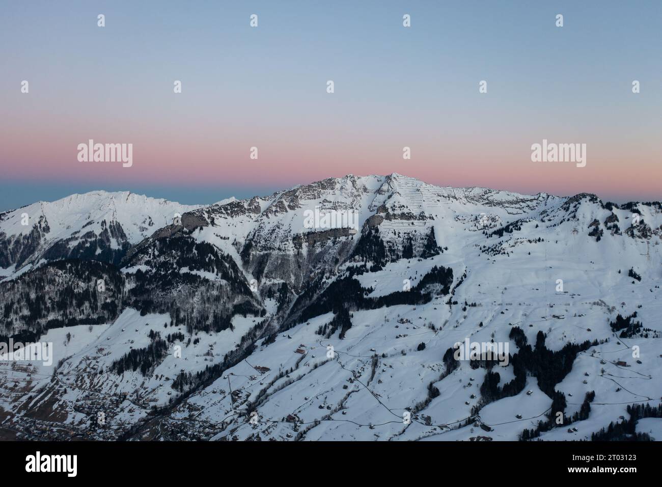 Wonderful scenery after a snow storm during a calm morning. The Swiss ...