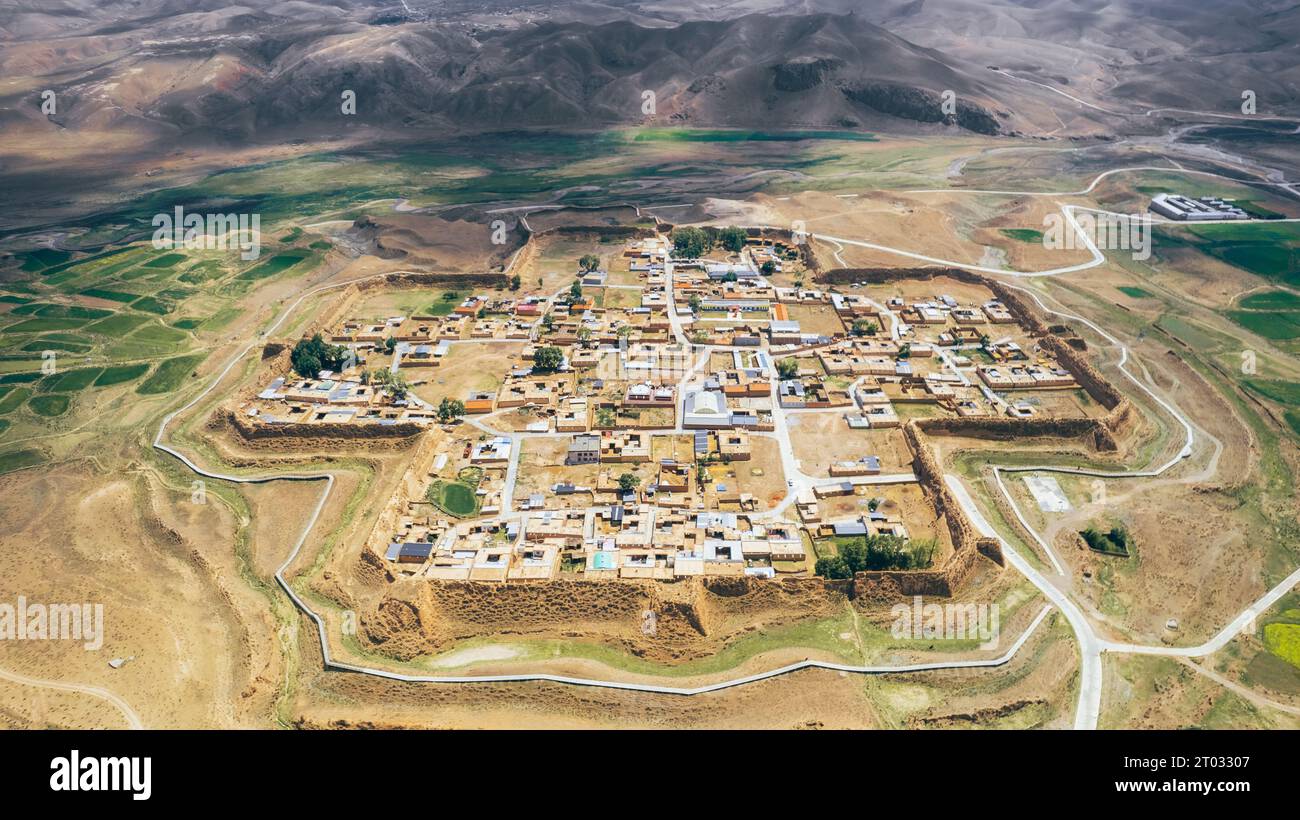 An aerial view of the Bajiao Ancient City in Gansu Province, China ...