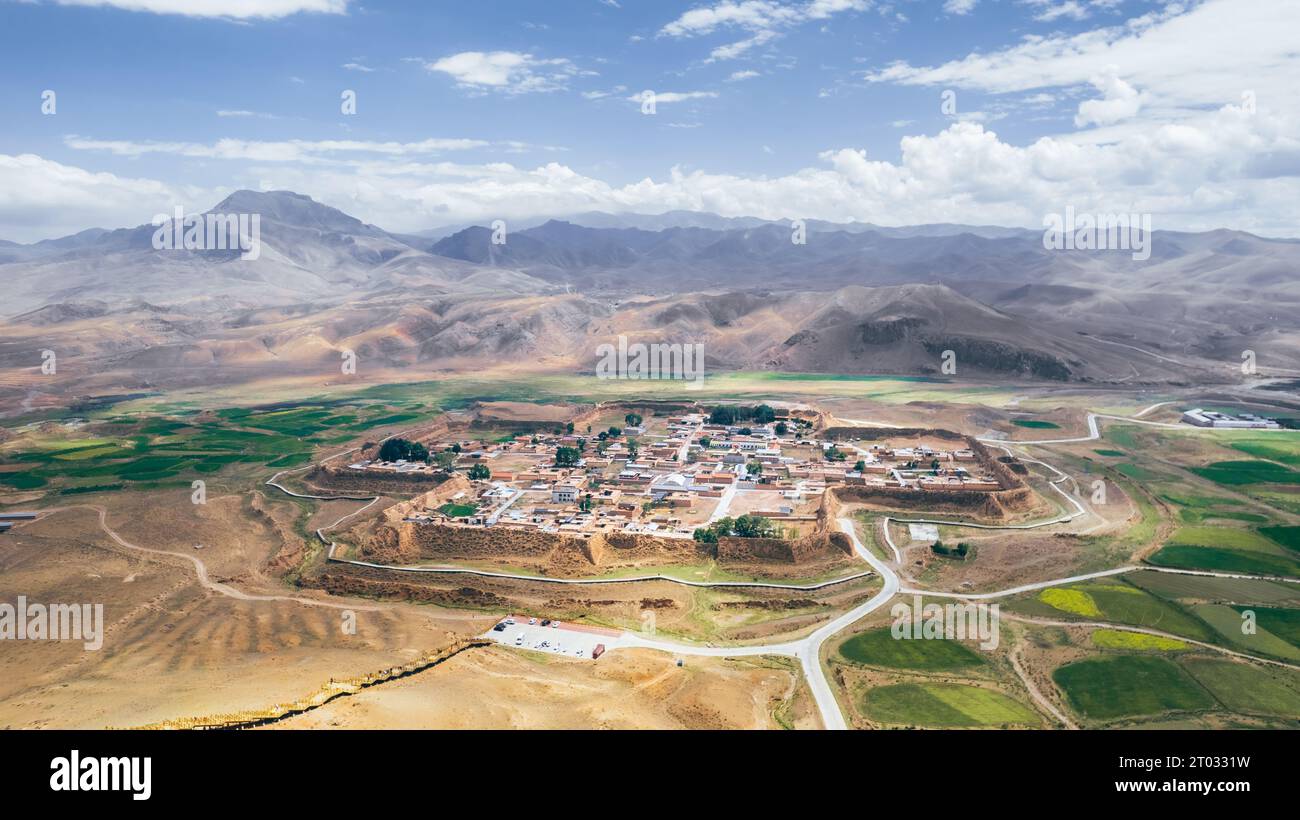 An aerial view of the Bajiao Ancient City in Gansu Province, China ...