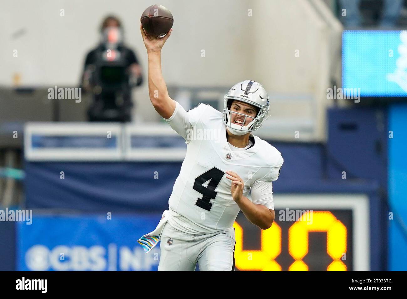 Las Vegas Raiders quarterback Aidan O'Connell throws during the first ...