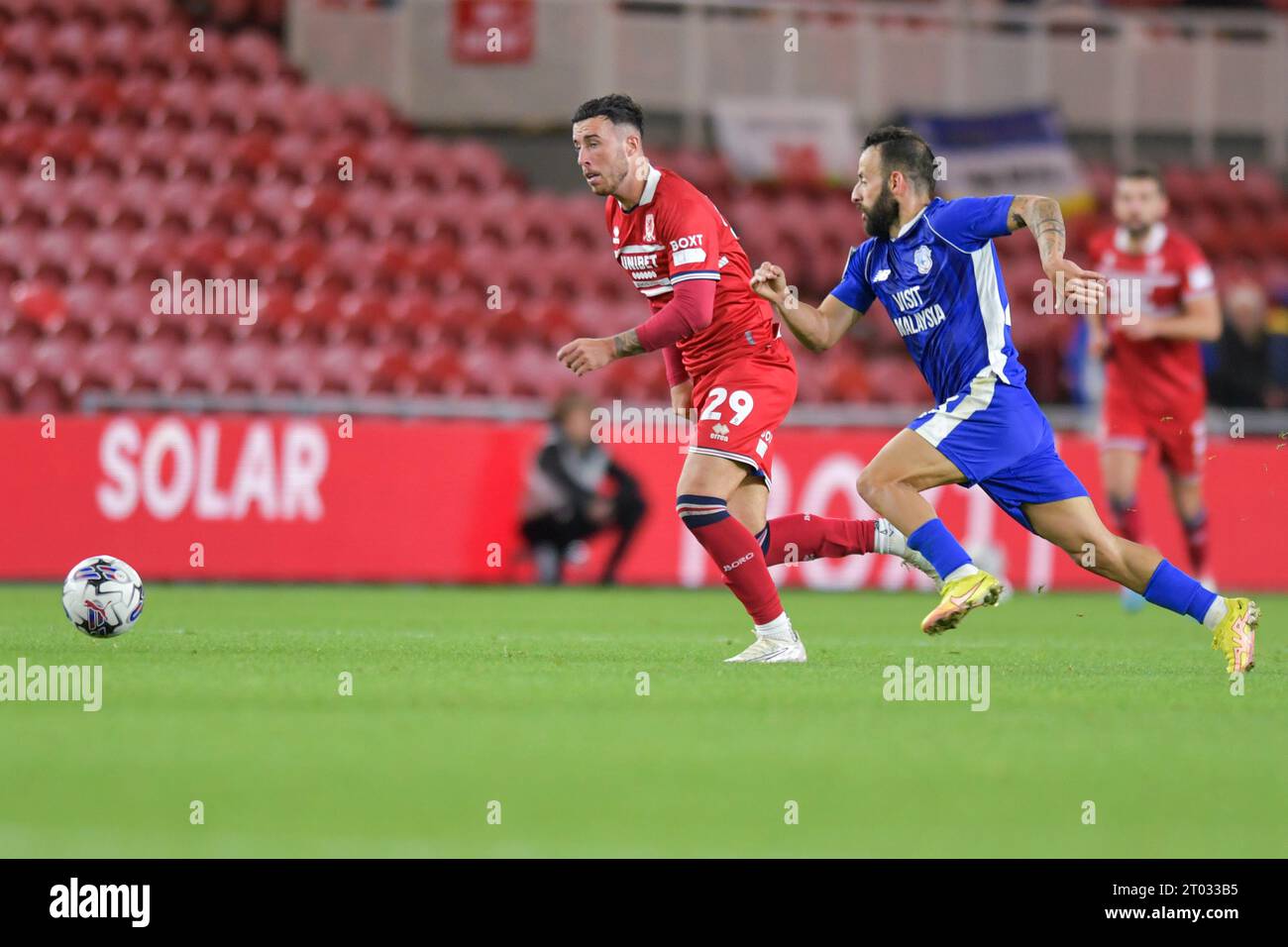 Middlesbrough, UK. 3rd October 2023. Middlesbrough's Sam Greenwood gets ...