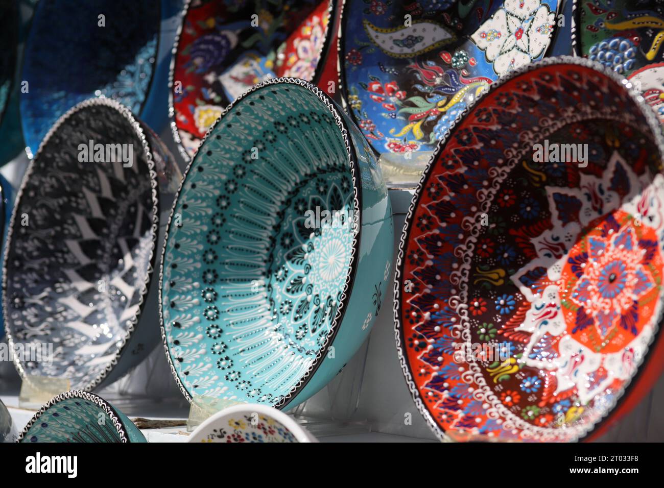 Rows of beautiful multicoloured decorative Bowls of various designs of ...