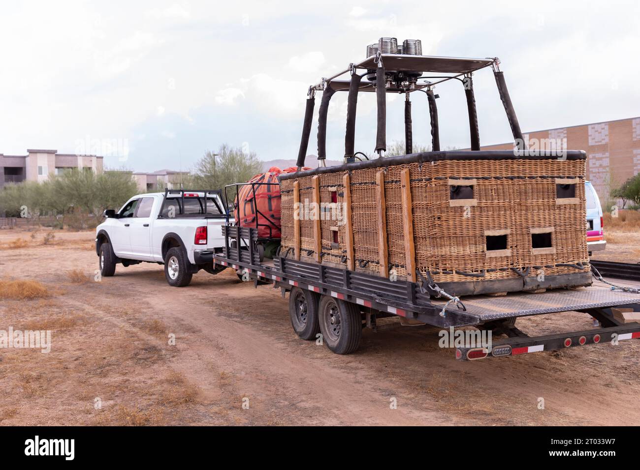 Car, Truck Ride With Hot Air Balloon Basket On Car Trailer, Preparing ...