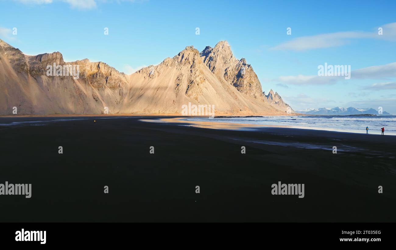 Drone shot of stokksnes black sand beach in iceland, beautiful ...