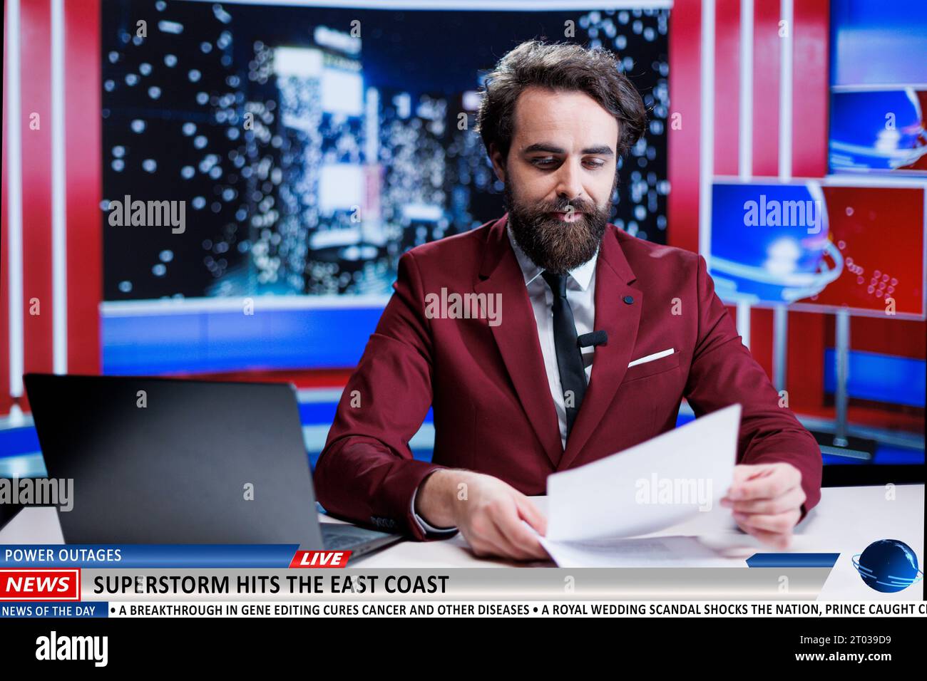 Real time updates about superstorm in news studio, broadcaster ...