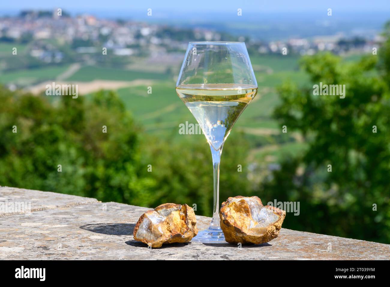 Glasses of white wine from vineyards of Sancerre Chavignol appelation ...