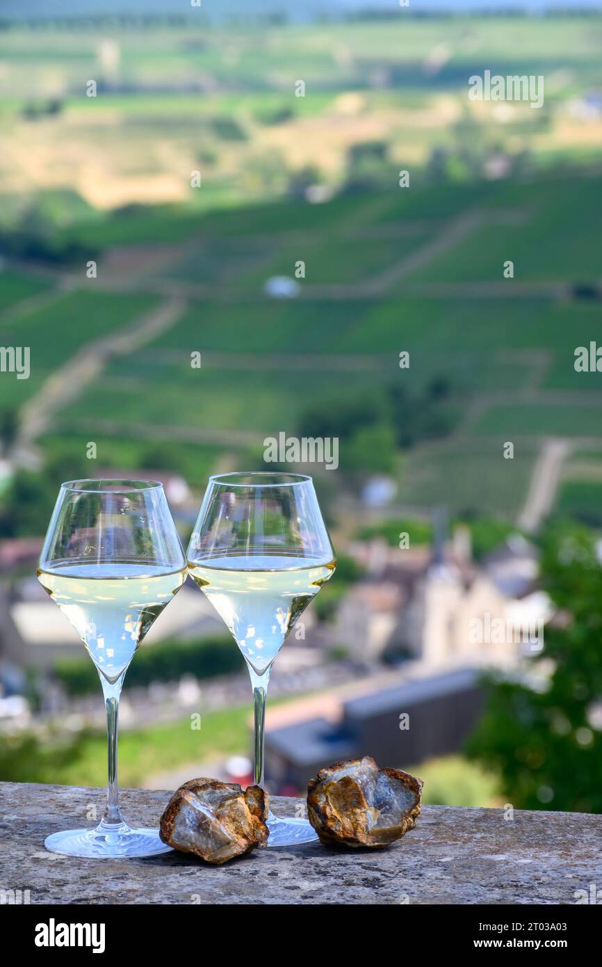 Glasses of white wine from vineyards of Sancerre Chavignol appelation ...