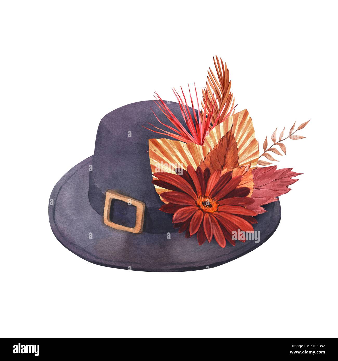 Watercolor realistic pilgrim black hat and leaves. Hand-drawn ...