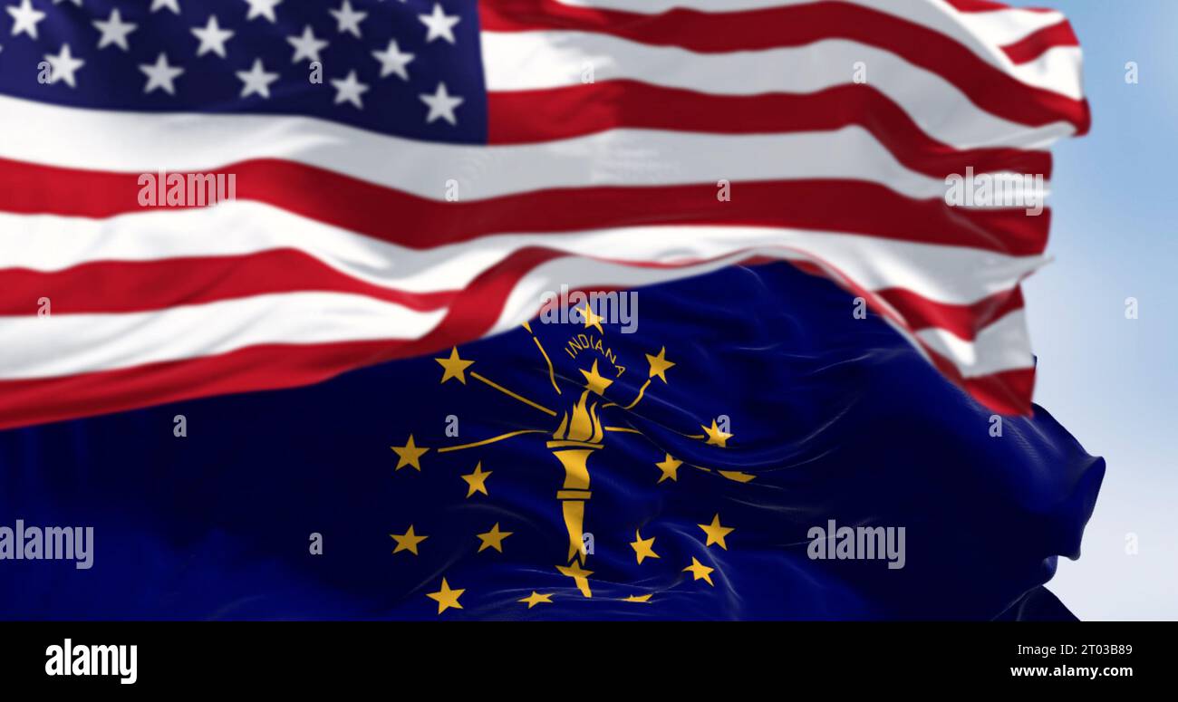 Indiana state flag waving with the national flag of the United states ...