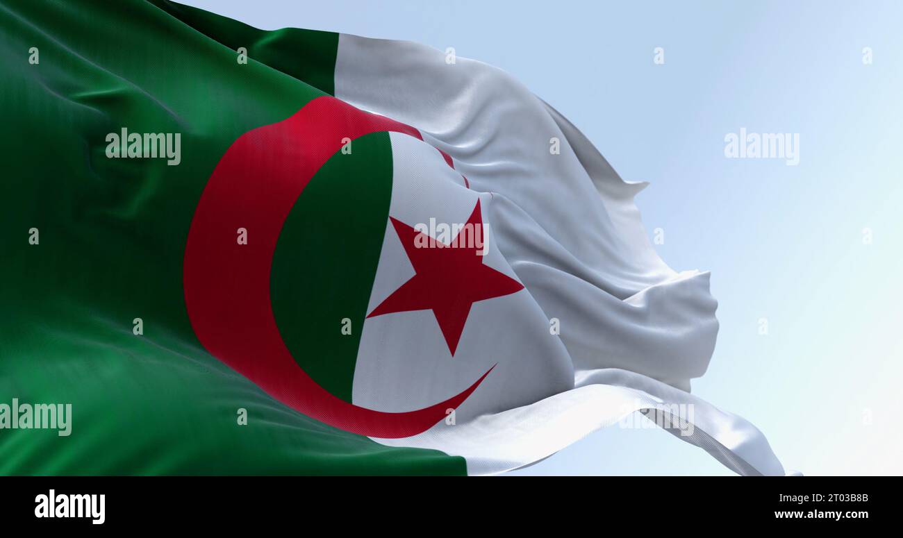 Close-up of Algeria national flag waving on a clear day. two vertical ...