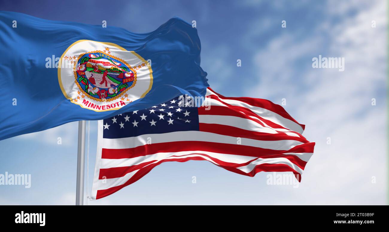 Minnesota state flag waving with the national american flag on a clear ...
