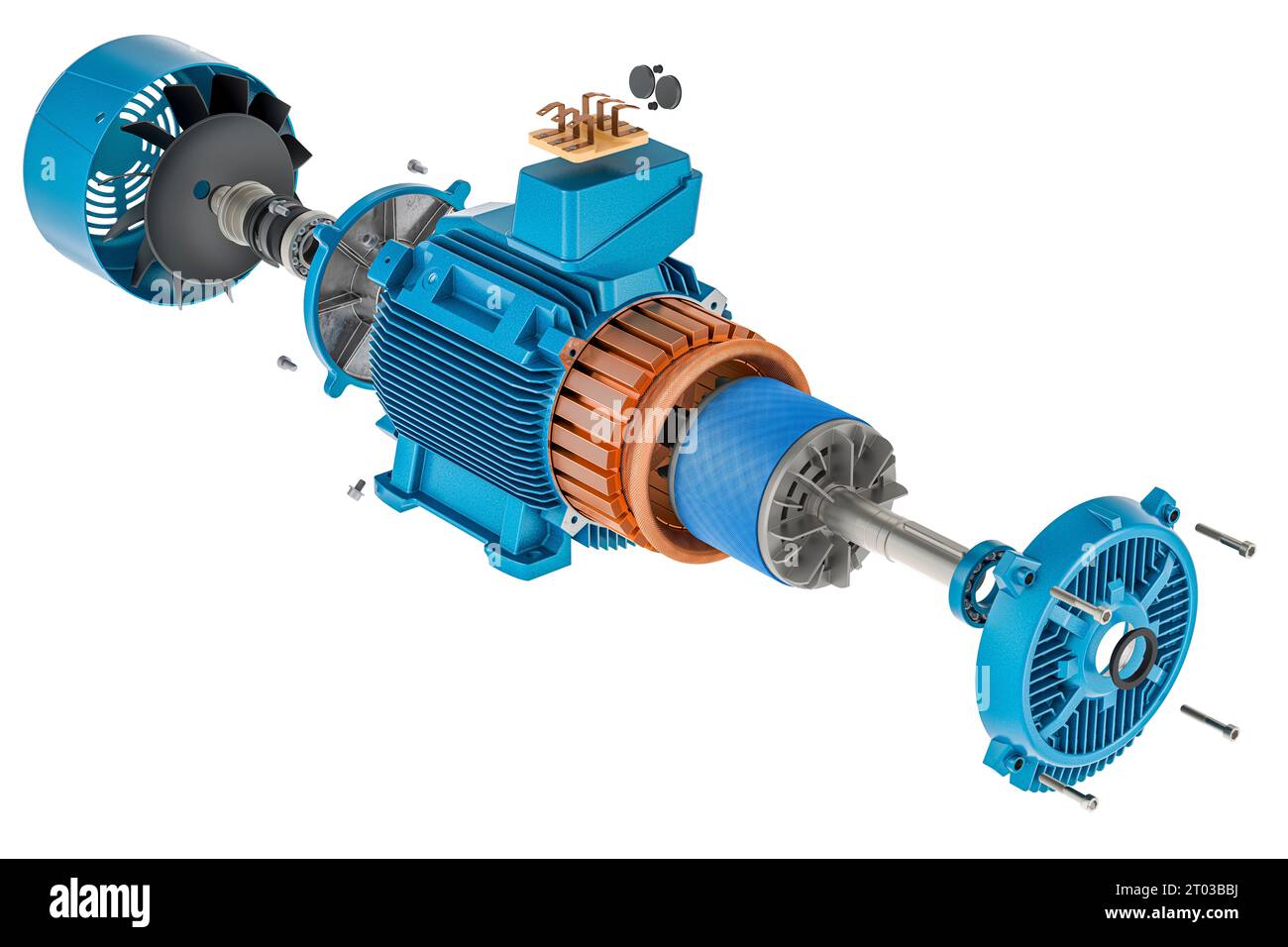 Parts of industrial electric motor, section. 3D rendering isolated on ...