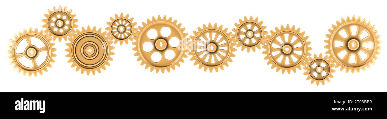 Golden cogs and gear wheel mechanisms, top view. Abstract technical ...