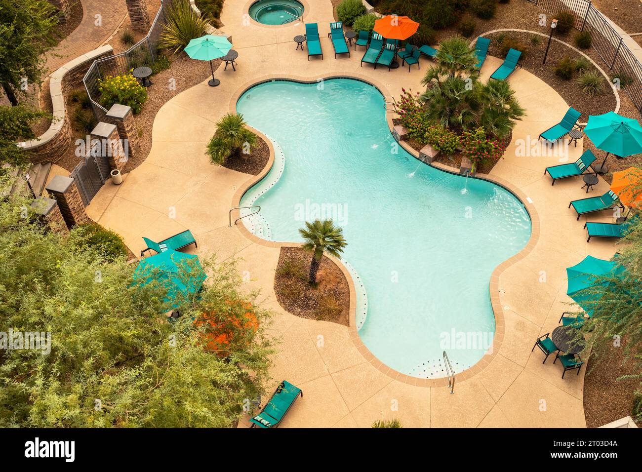 Aerial Top View Of Swimming Pool With Stairs, Empty Chaise Sun Bed ...