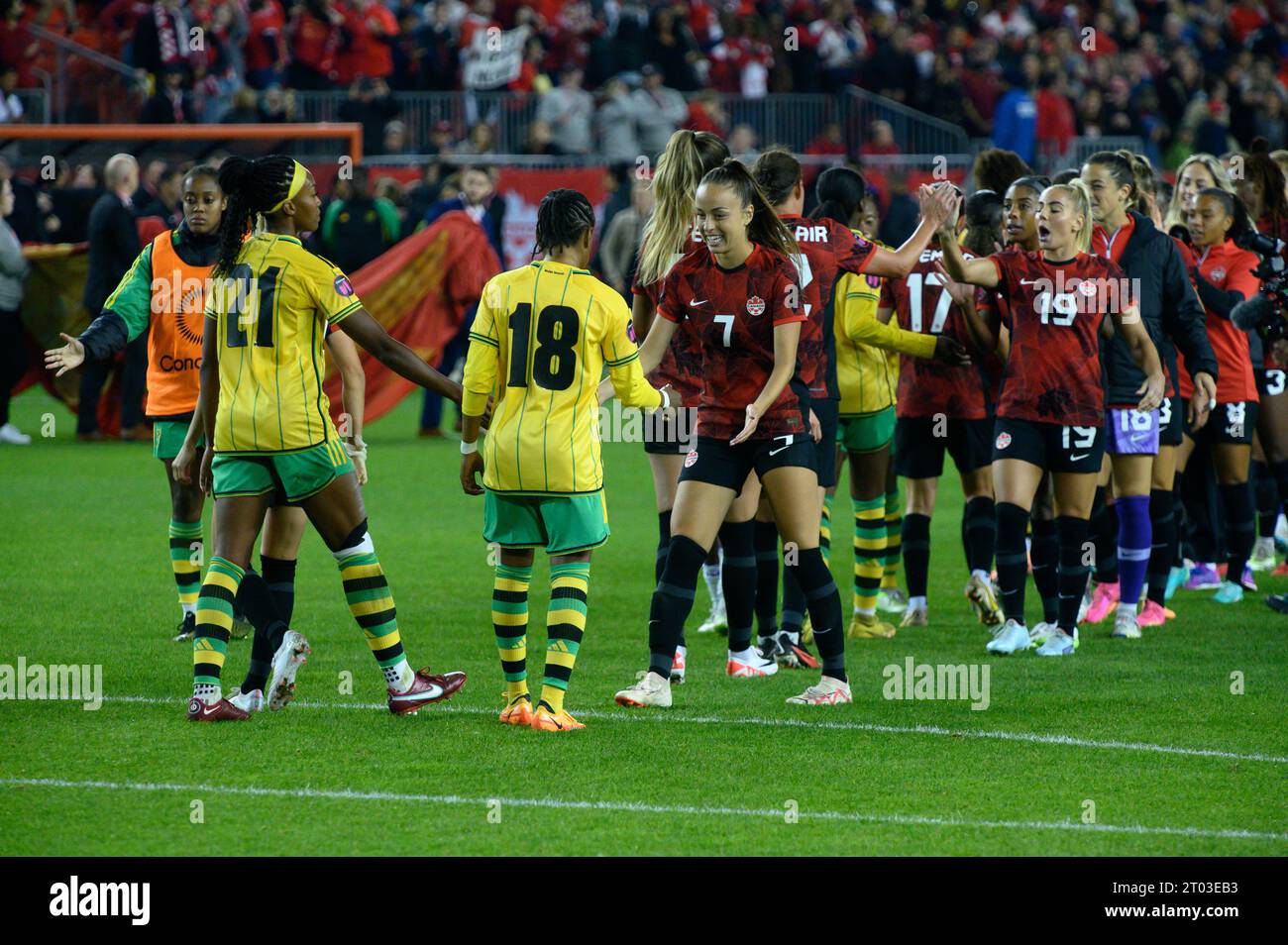 Toronto, ON, Canada - September 26, 2023: Football players great each ...