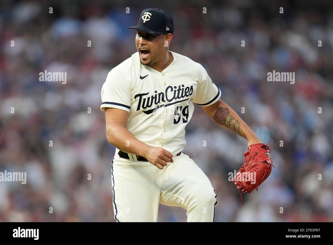 Minnesota Twins relief pitcher Jhoan Duran celebrates after striking ...