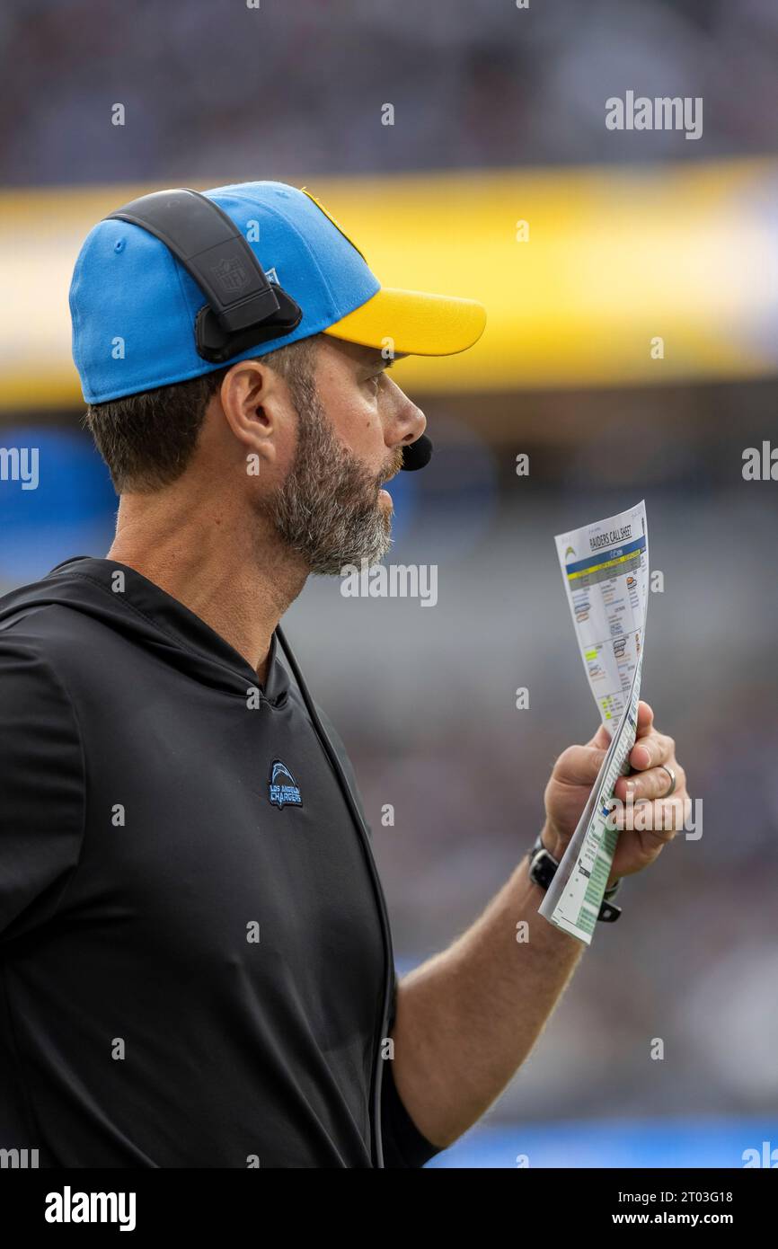 Los Angeles Chargers head coach Brandon Staley coaches against the Las ...