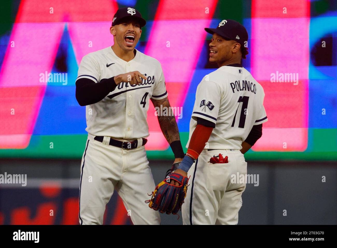 Minnesota Twins' Carlos Correa (4) and Jorge Polanco (11) celebrate ...